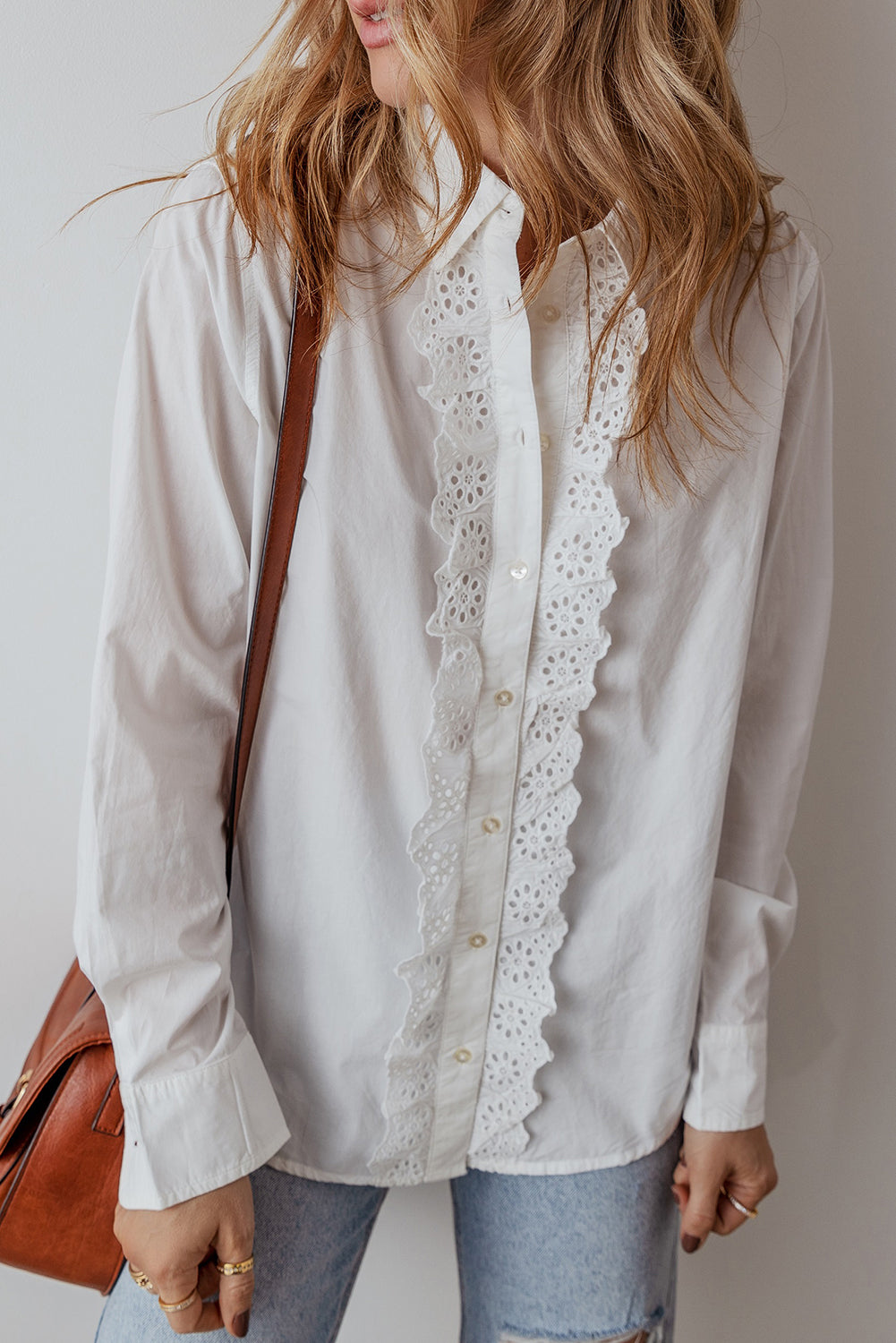 White Lace Crochet Trim Turn Down Collar Buttoned Shirt – Monroe Collective