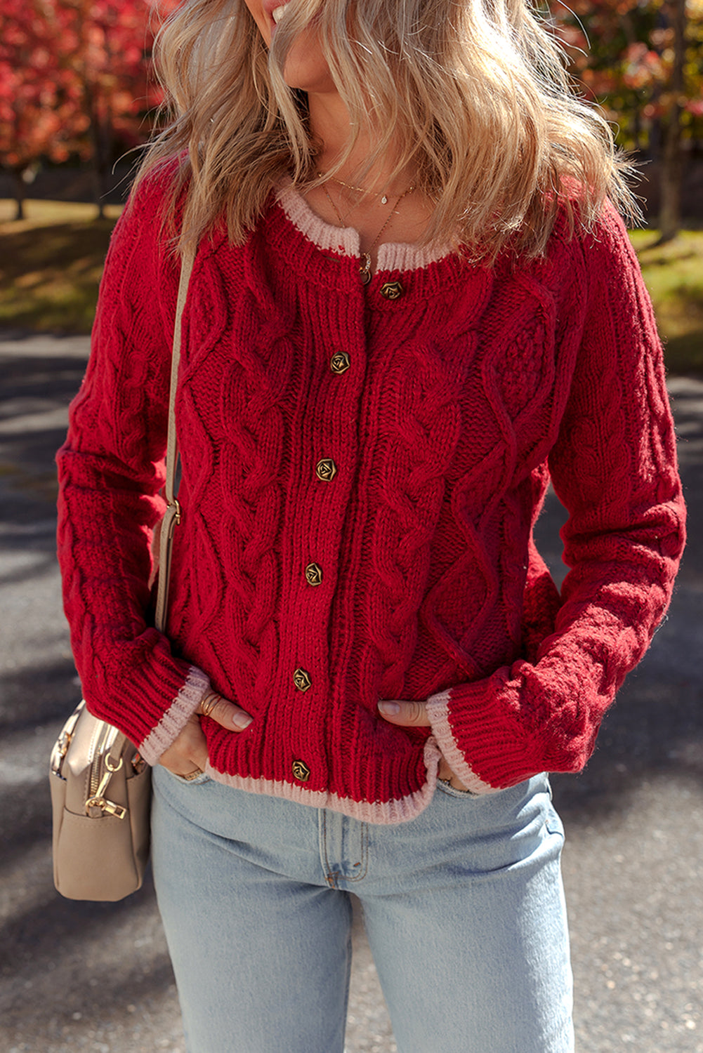 Racing Red Color Contrast Edge Cable Knit Buttoned Cardigan – Monroe Collective