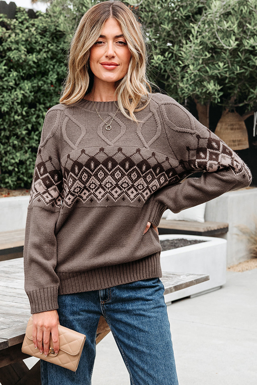 Light French Beige Western Geometric Patterned Crew Neck Knitted Sweat ...