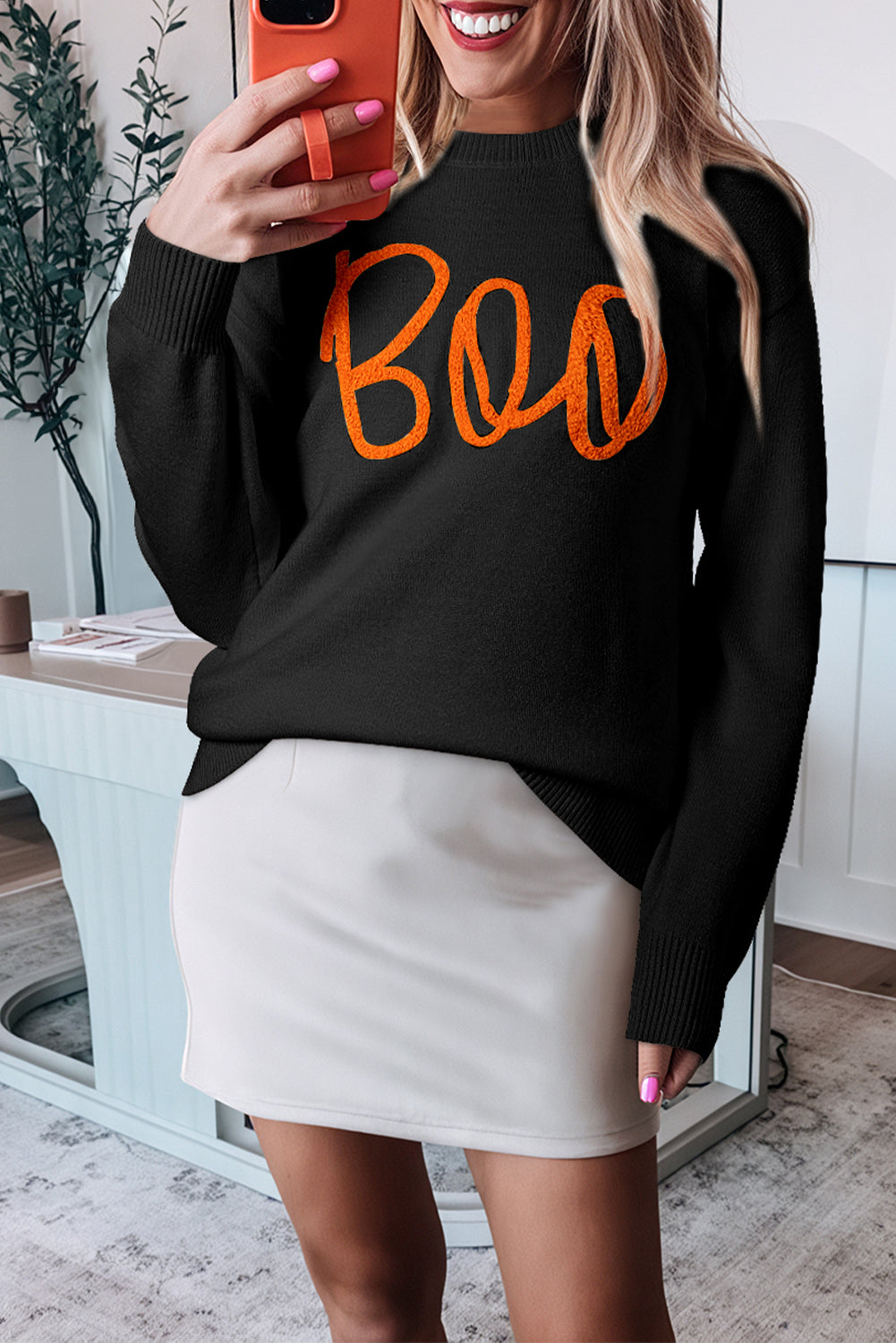 Black Boo Knitted Pattern Ribbed Edge Drop Shoulder Sweater – Monroe ...