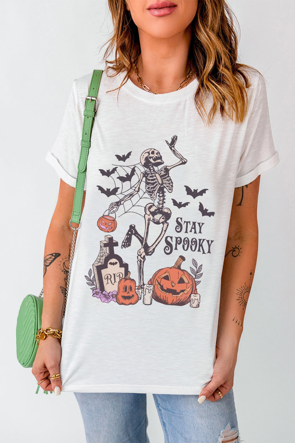 White Skull Pumpkin Face STAY SPOOKY Graphic Halloween T Shirt – Monroe Collective