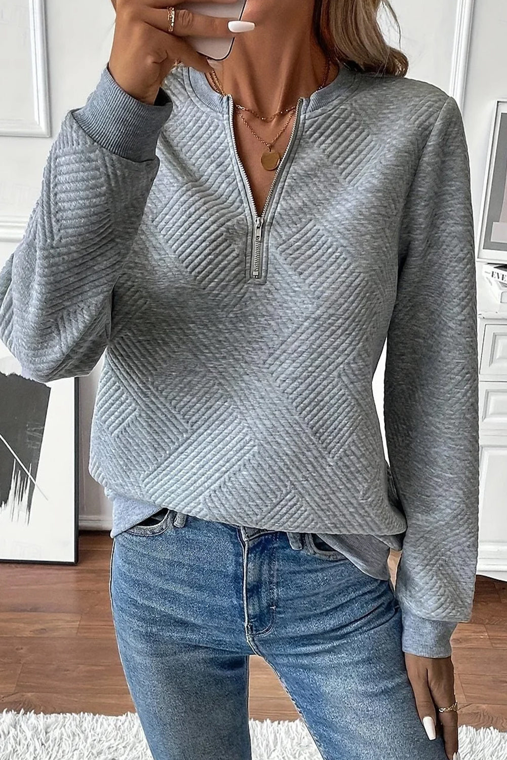 Medium Grey Solid Color Texture Zipper V Neck Sweatshirt – Monroe ...